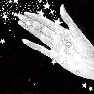 Hand and Stars Art Print, Celestial Wall Art, Black and White Drawing ...