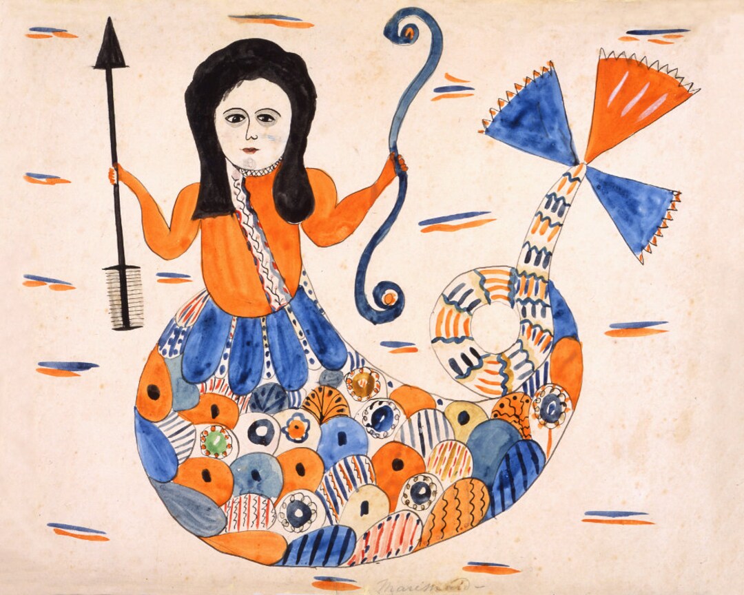 Antique Folk Art Mermaid Painting, Mary Ann Willson, Mermaid Fraktur ...