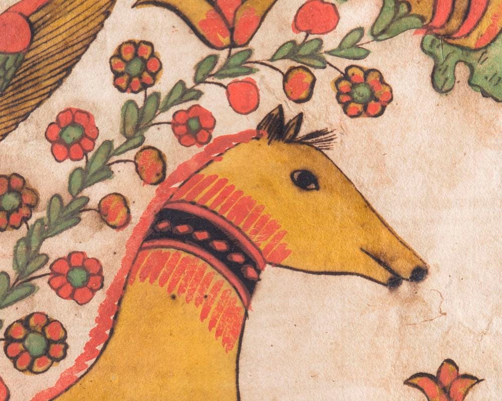 American Folk Art Fraktur Drawing Art Print, Horse Mermaid Painting ...