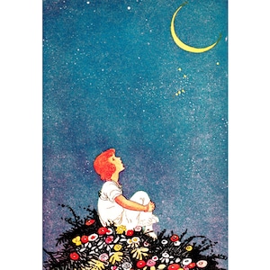 Little Girl and Crescent Moon Art Print Moon Wishes Child | Etsy