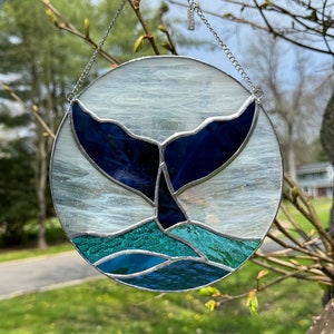 Round Whale Tail With Wave Stained Glass Suncatcher - Etsy