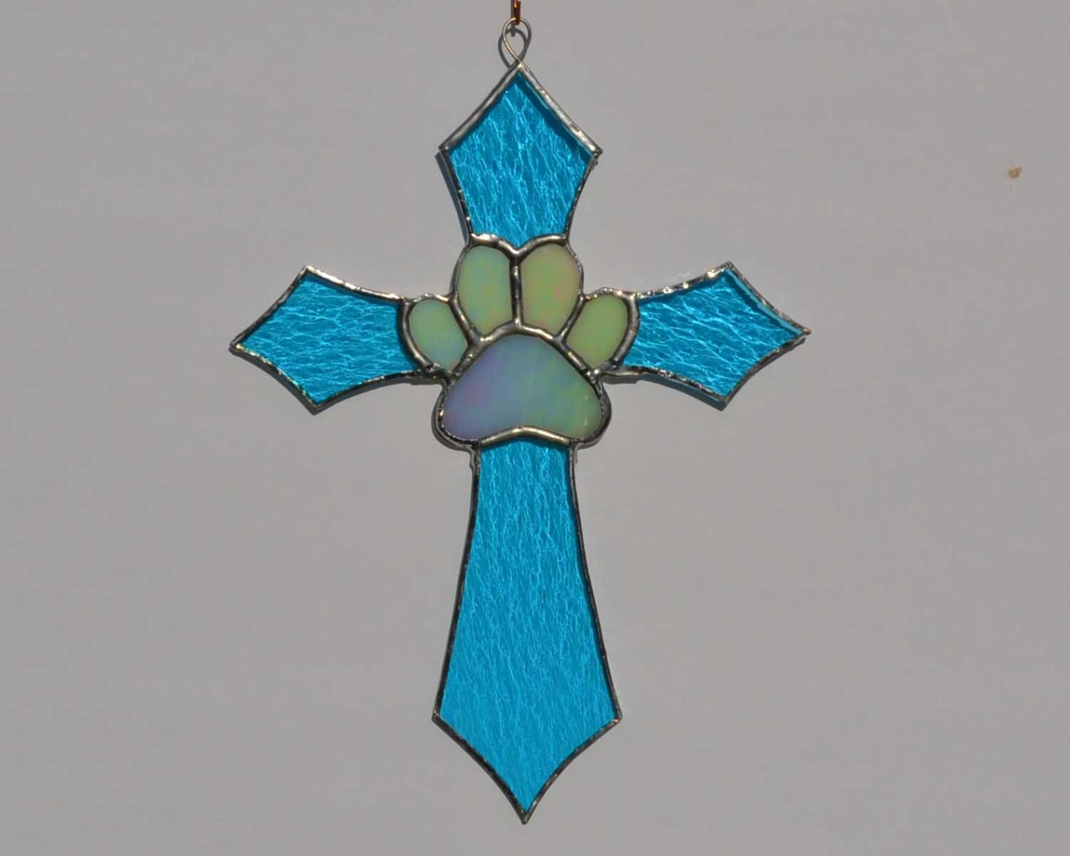 Stained Glass Cross With Dog Paw Suncatcher - Etsy