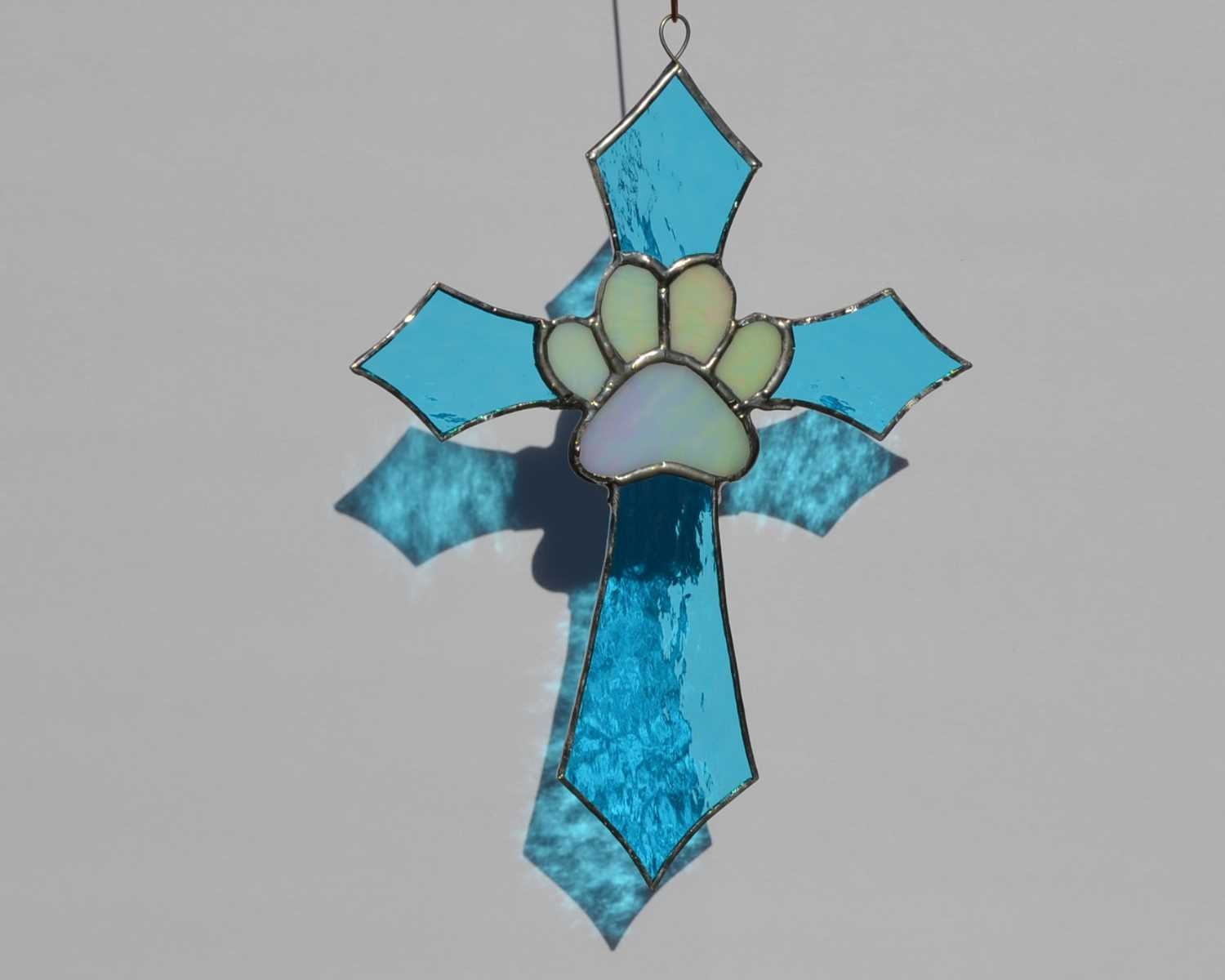 Stained Glass Cross With Dog Paw Suncatcher - Etsy