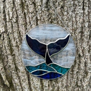 Round Whale Tail With Wave Stained Glass Suncatcher - Etsy