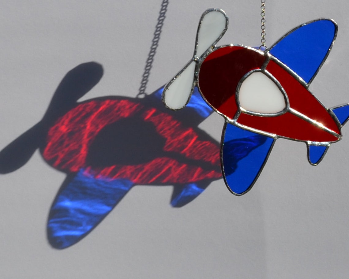 Stained Glass Suncatcher Red White and Blue Airplane Hanging - Etsy