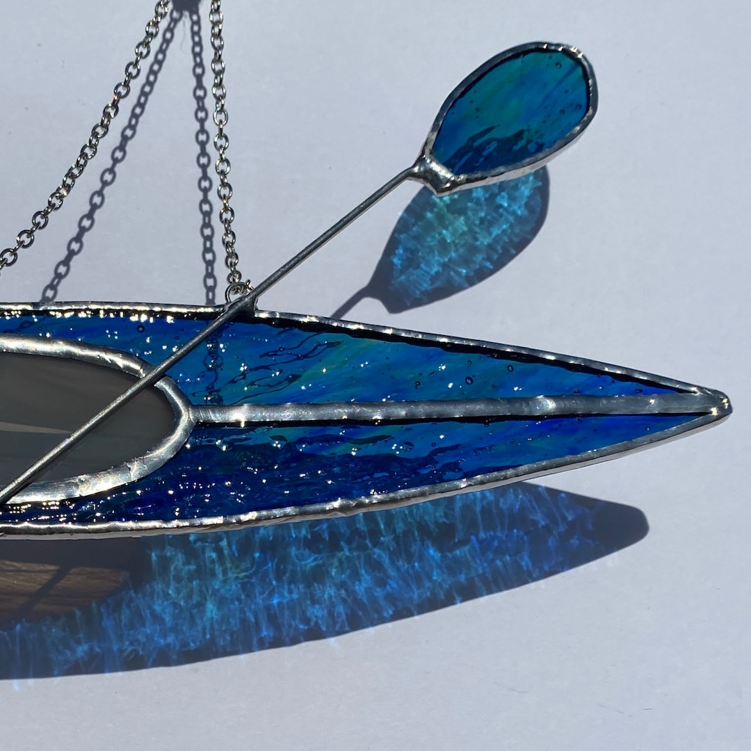 Kayak #20 Stained Glass Suncatcher Hanging From Silver Steel Chain - Etsy