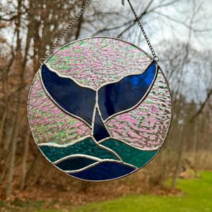 Round Whale Tail With Wave Stained Glass Suncatcher - Etsy