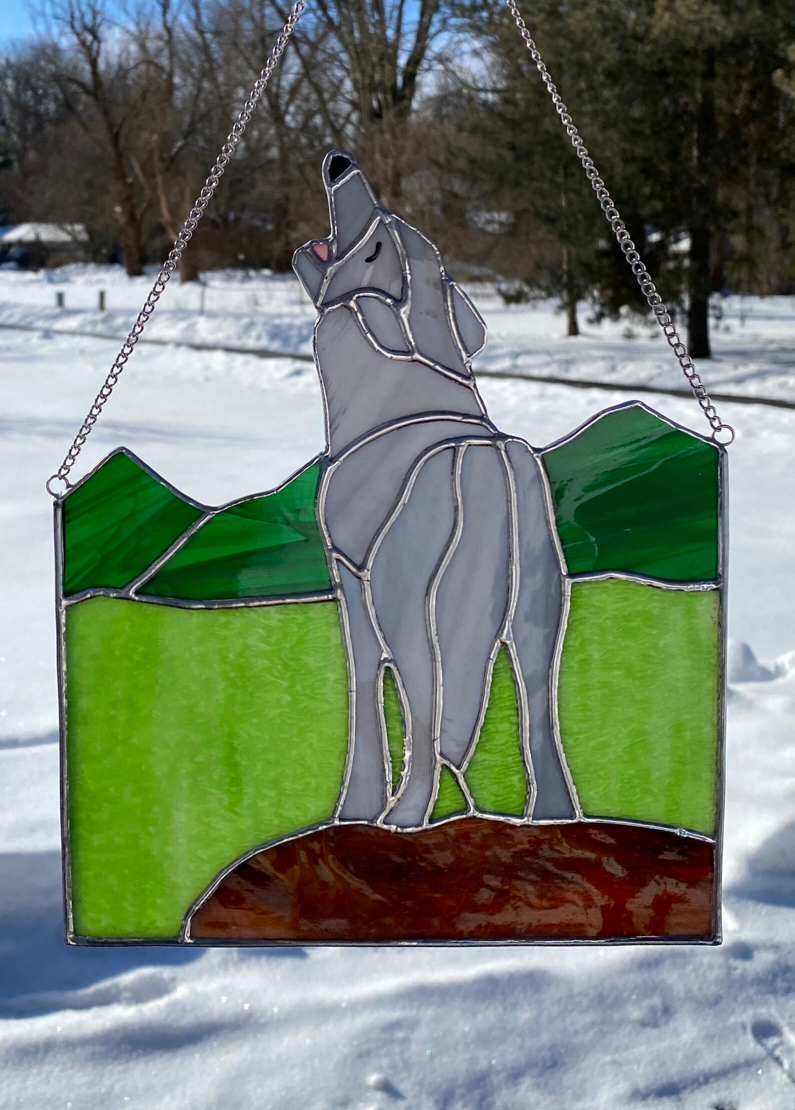 Stained Glass Wolf on Plains Scene With Partial Zinc Frame and - Etsy
