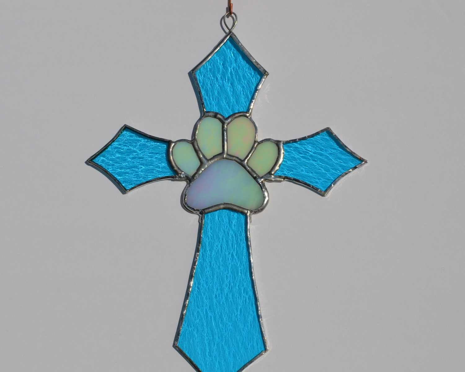 Stained Glass Cross With Dog Paw Suncatcher - Etsy