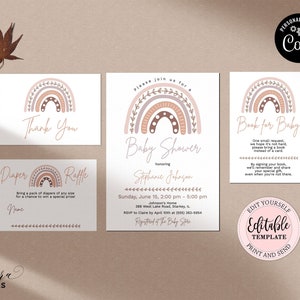 Editable Boho Rainbow Baby Shower Invitation Set, Bohemian Pastel ...