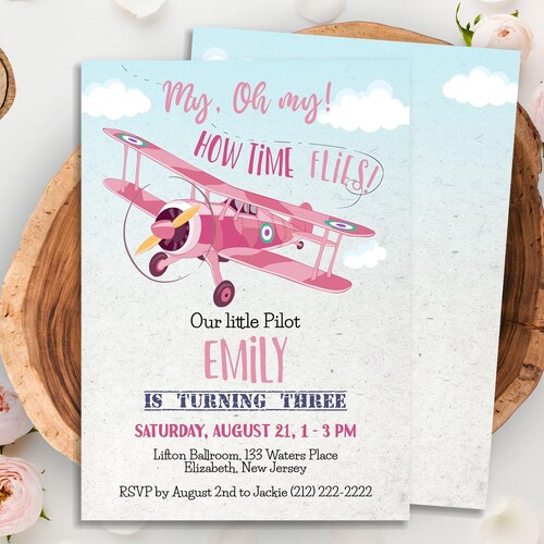 Pink Airplane Birthday Invitation Girl Editable Plane - Etsy