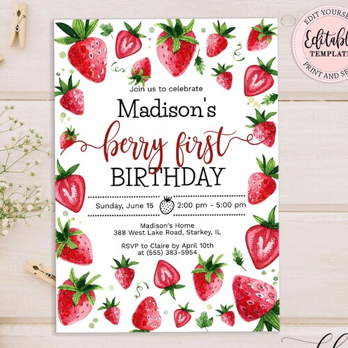 Editable Strawberry Birthday Milestone Poster Berry Sweet 1st - Etsy