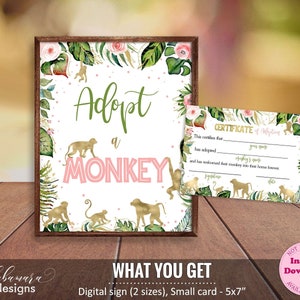 Adopt a Monkey Birthday Sign Girl, Gold Jungle Animals Table Sign ...
