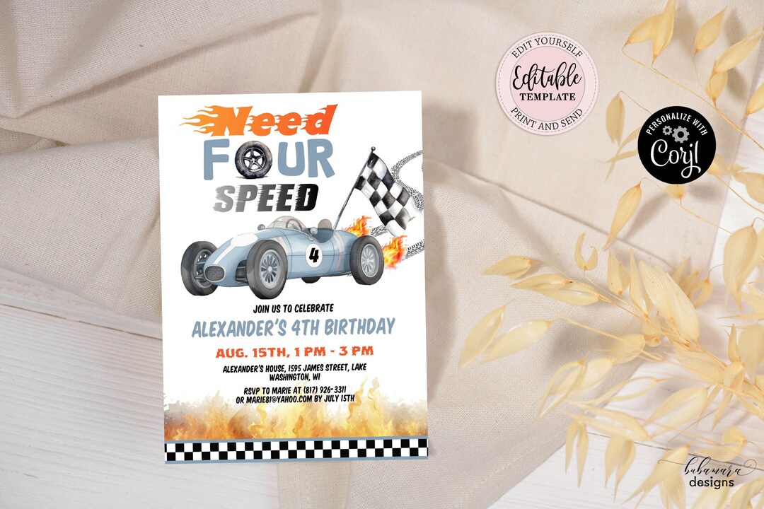 Editable Need Four Speed Race Car 4th Birthday Invitation, Blue Racing ...
