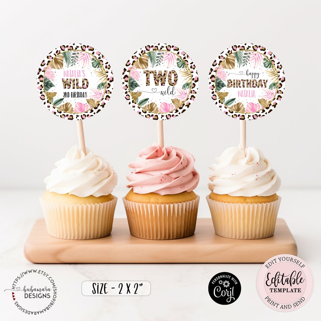 Editable Pink Leopard Print Cupcake Toppers, Jungle 2 Inch Round Cake ...