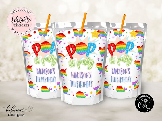 Editable Pop It Birthday Juice Box Label, Colorful Rainbow Fidget Toy ...