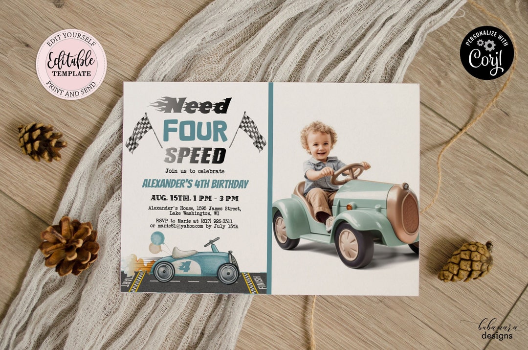 Editable Need Four Speed Race Car 4th Birthday Photo, Vintage Blue ...