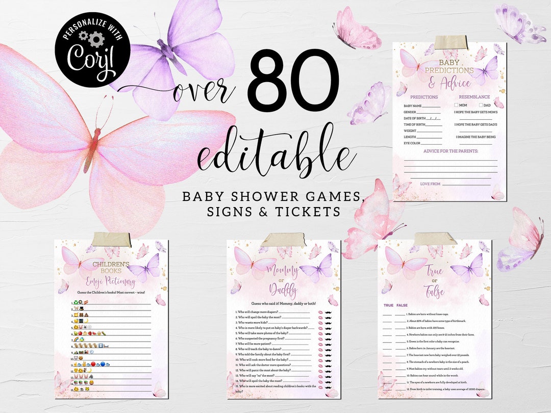 80 Editable Virtual Butterflies Baby Shower Games and Signs Bundle, A ...
