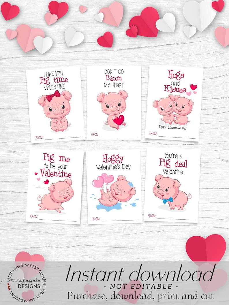 Printable Pig Valentine Cards, Hogs and Kisses Valentine Tags for Kids ...