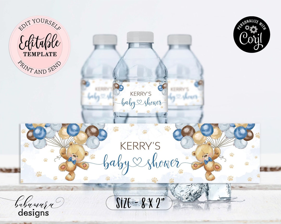 Editable Teddy Bear Water Bottle Label, Blue Brown Balloons Bear Water ...