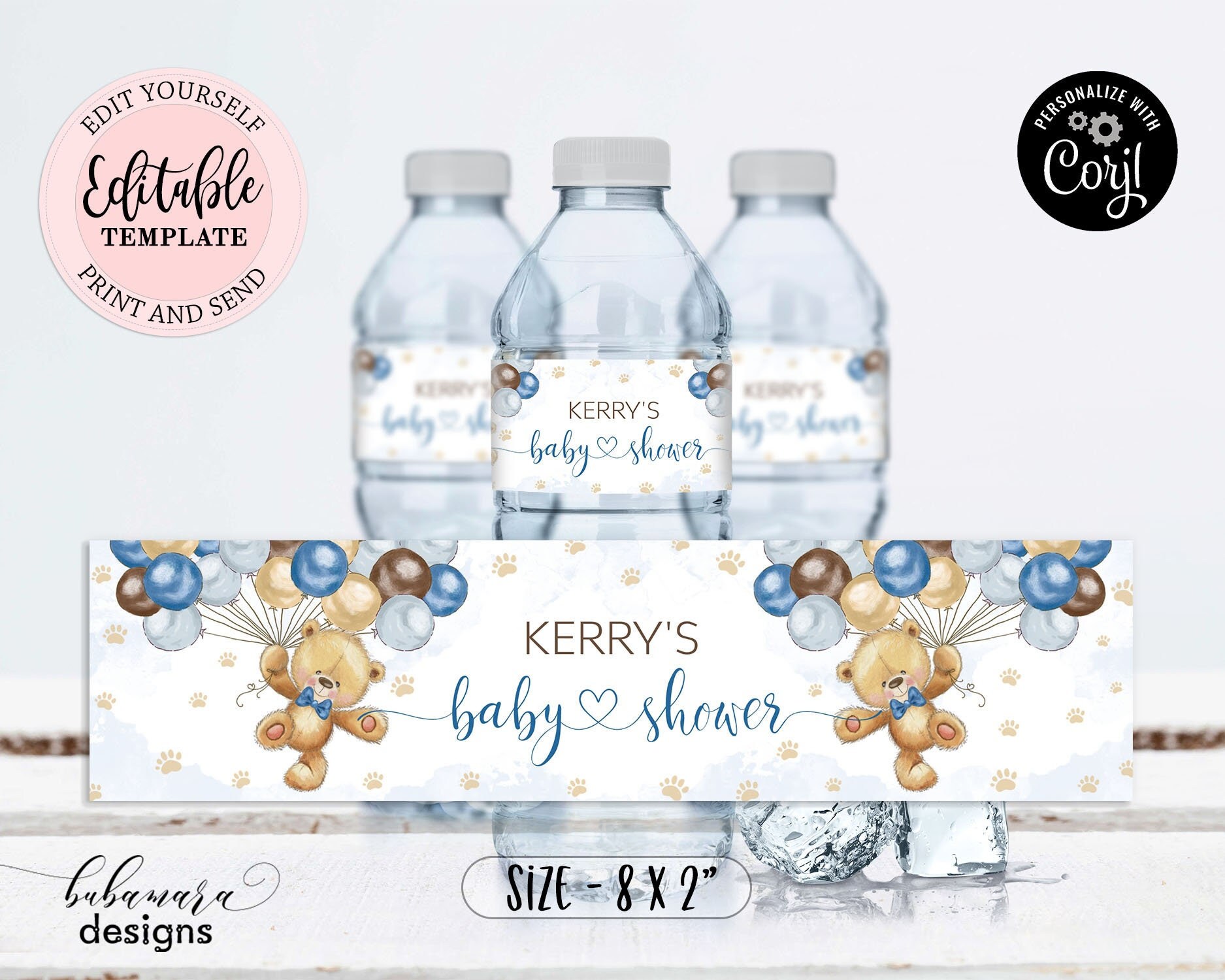 Editable Teddy Bear Water Bottle Label Blue Brown Balloons - Etsy
