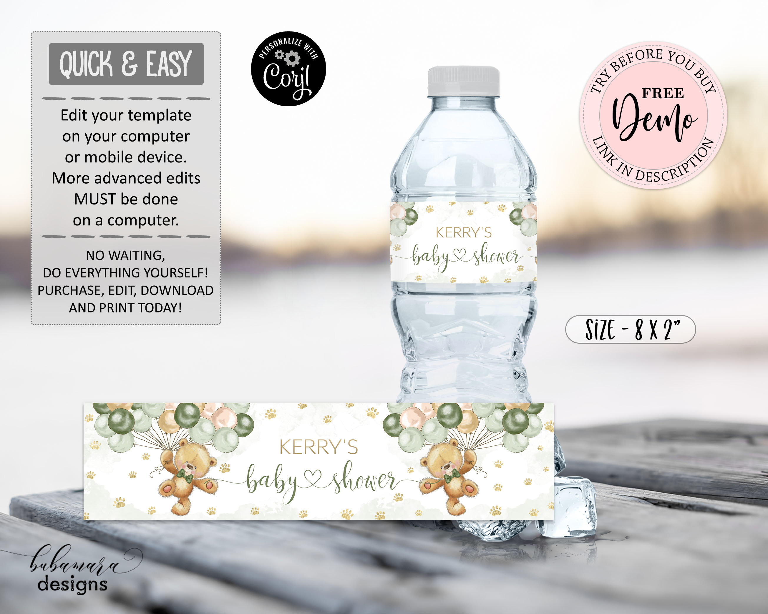 Editable Teddy Bear Water Bottle Label Green Gold Balloons - Etsy