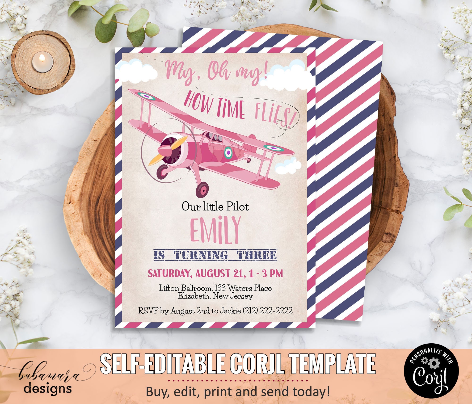 Airplane Birthday Invitation Girl Editable Pink Airplane - Etsy