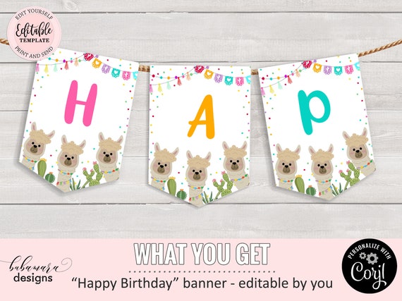 Editable Llama Banner, Alpaca Pennants, Girl Happy Birthday Llamas ...