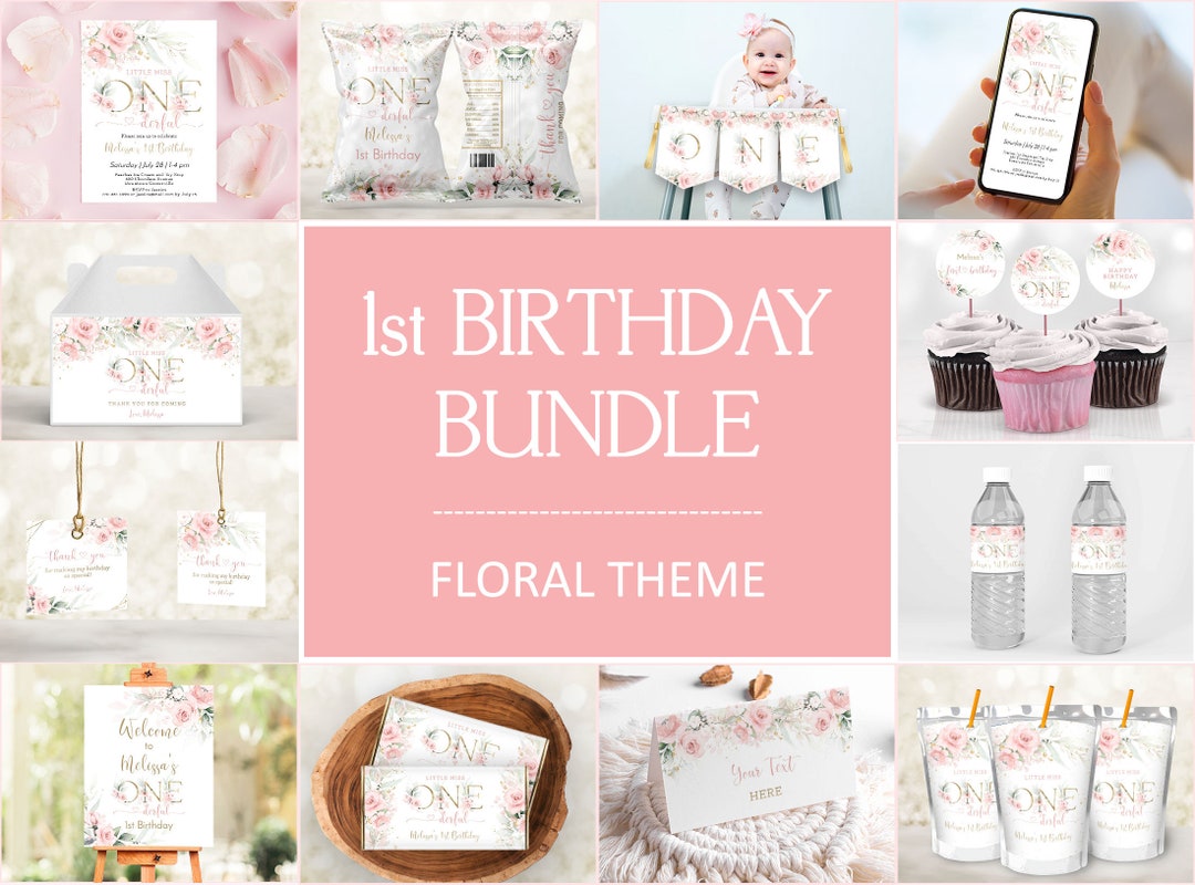 Editable Little Miss Onederful 1st Birthday Bundle, Floral Birthday Set ...