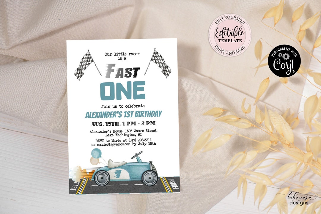 Editable Race Car Birthday Invitation, Vintage Blue Racing Car 1st ...