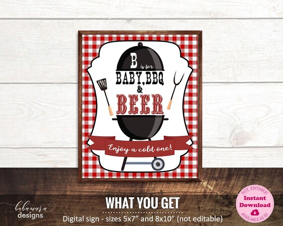 BBQ Beer Sign, Barbecue Beer Bar Table Sign, Printable Baby Shower Baby ...
