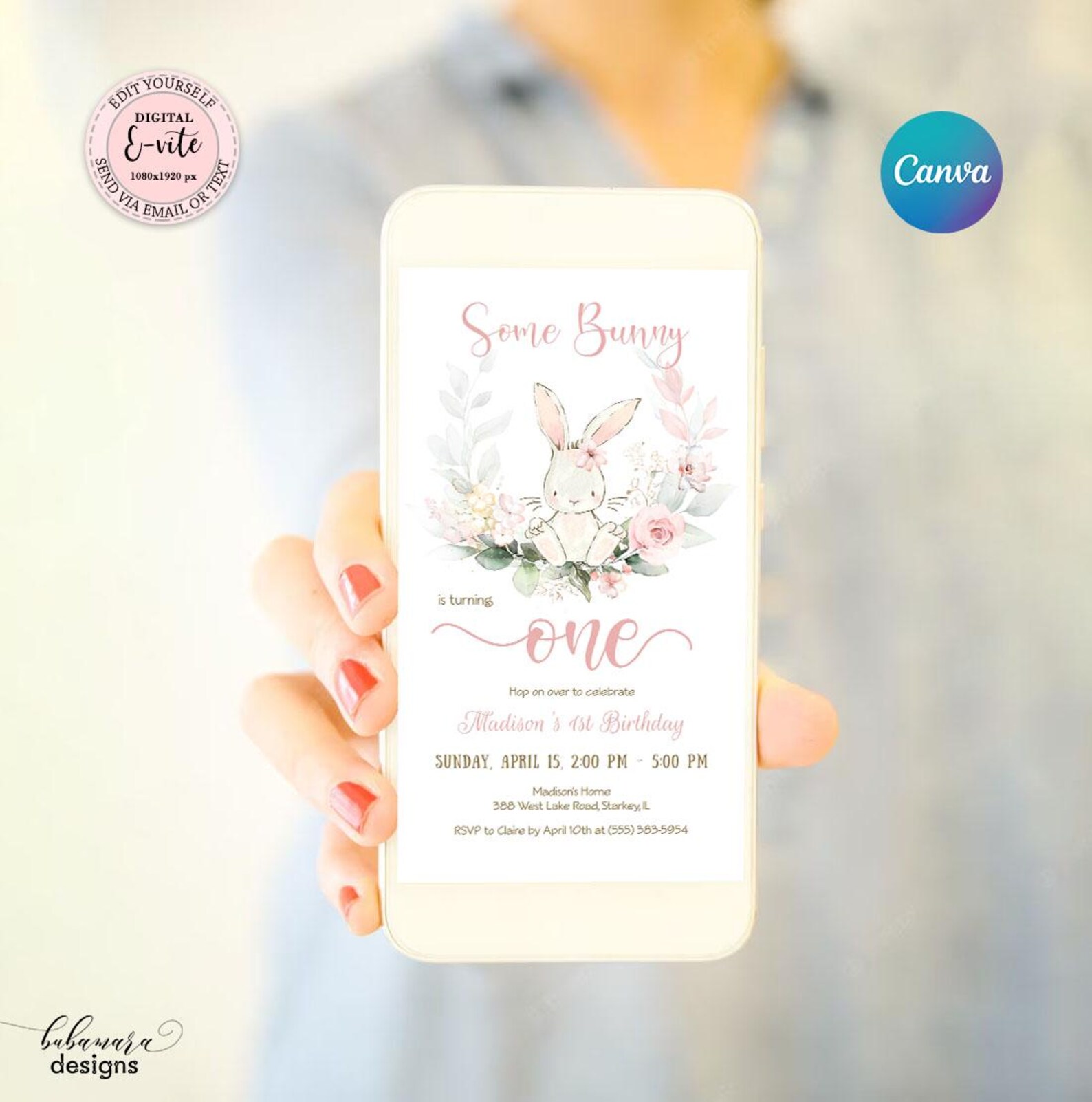 Floral Little Bunny Birthday Evite, Editable Some Bunny 1st Birthday ...