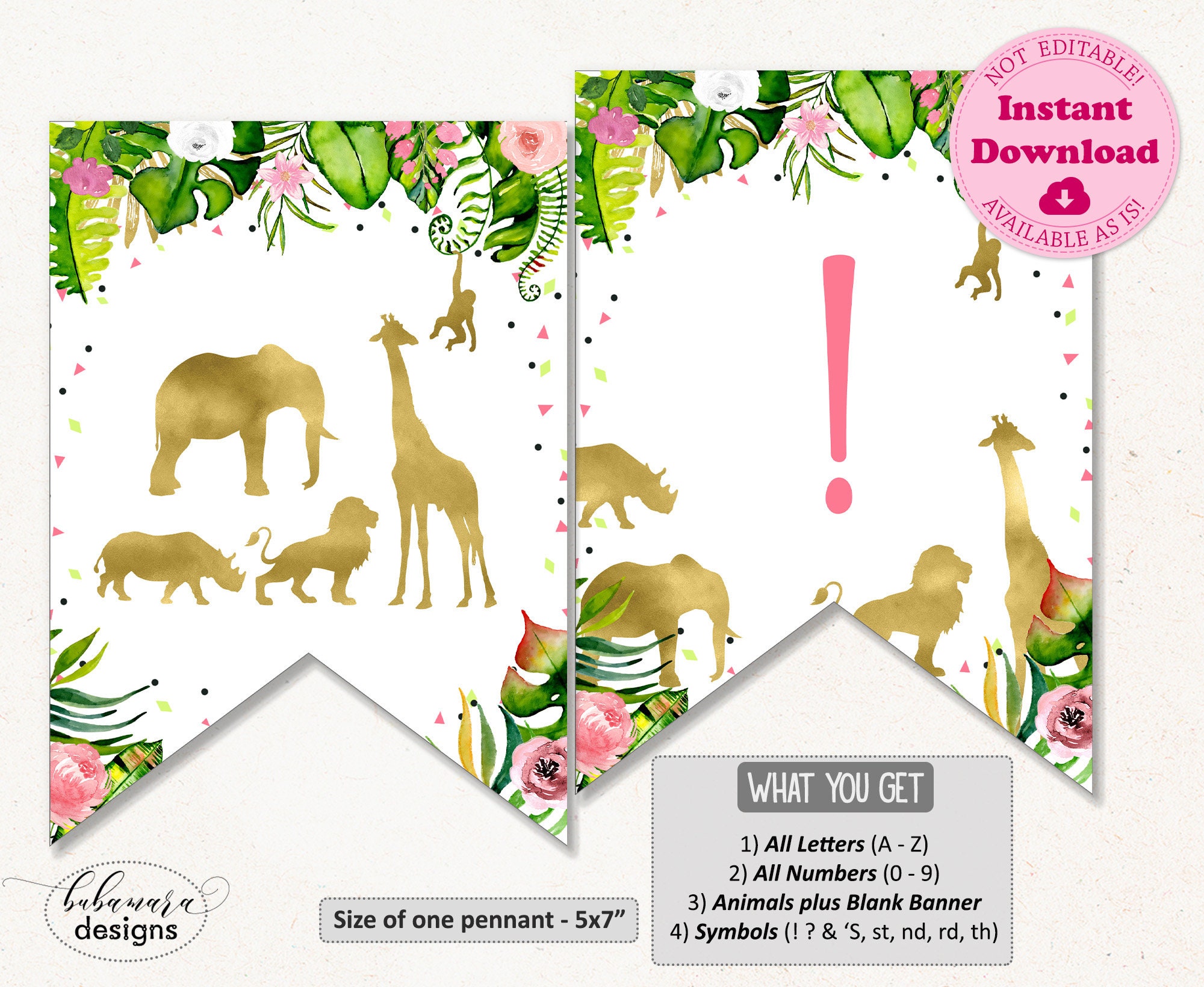 Jungle Animals Banner Safari Pennant Pink Floral Tropical - Etsy