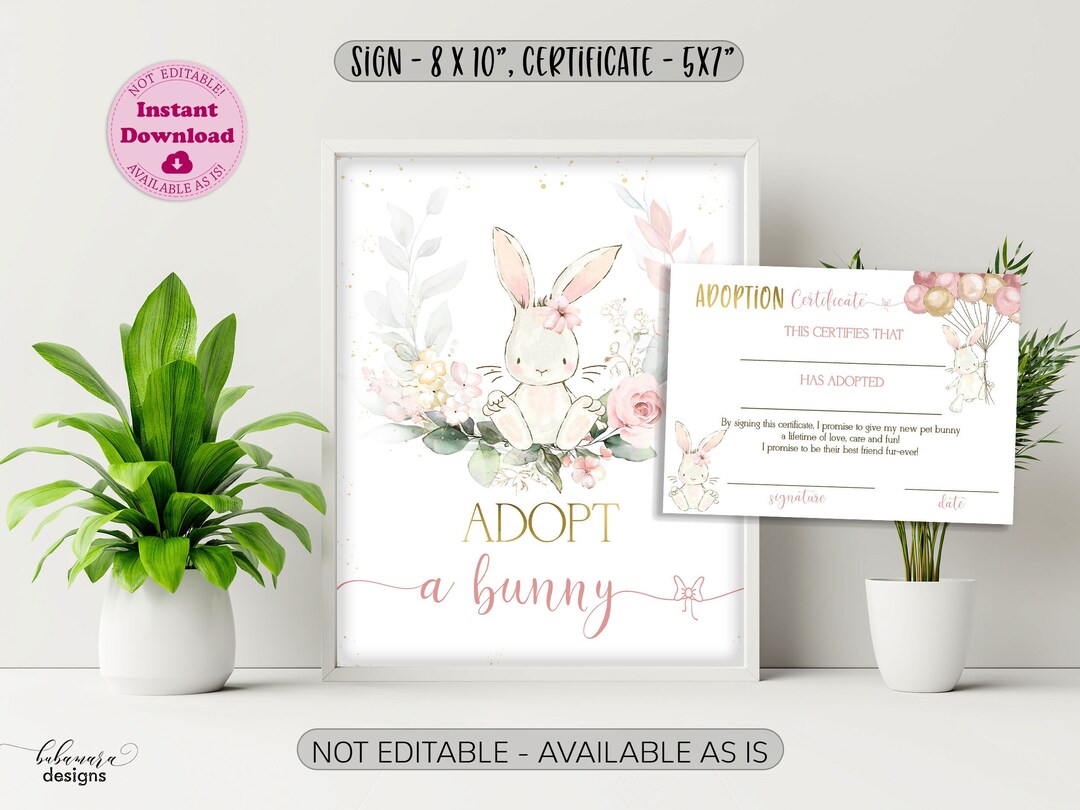 Adopt a Bunny Birthday Sign Girl, Bunny Table Sign, Printable Bunny ...
