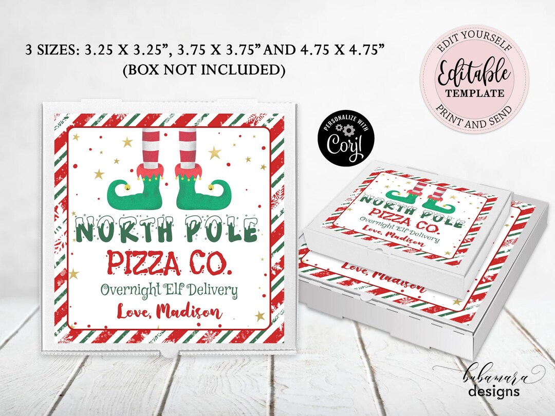 North Pole Pizza Co. Mini Pizza Box Label, Overnight Elf Delivery Pizza ...