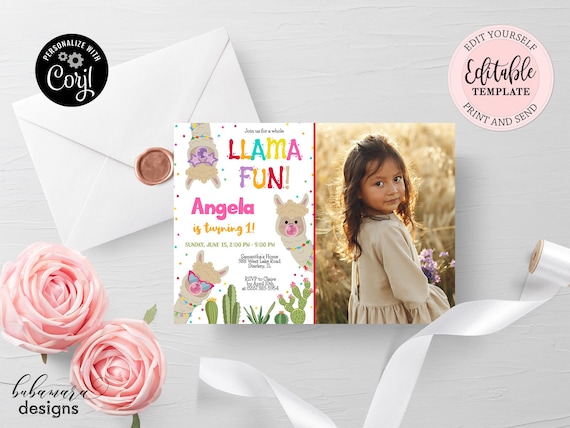Editable Whole Llama Fun Birthday Invite Photo, Llama Girl Invitation ...