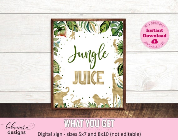 Jungle Juice Birthday Sign, Printable Gold Safari Animals Juice Sign ...