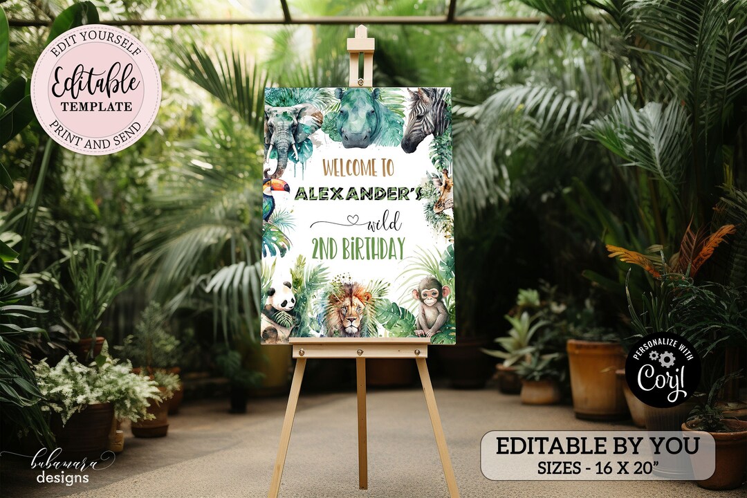 Editable Jungle Party Welcome Sign, Boy Wild Child Safari Animals ...