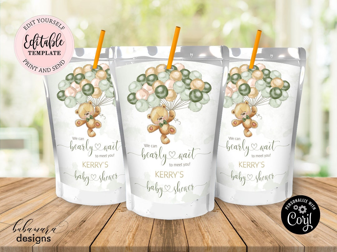 Editable Bear Balloons Juice Box Label, Teddy Bear Green Gold Balloons ...