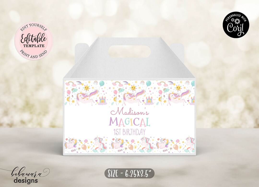 Editable Pastel Unicorns Gable Box Label, Magical Unicorn Birthday Gift ...