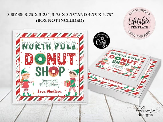 North Pole Donut Shop Mini Pizza Box Label, Overnight Elf Delivery ...