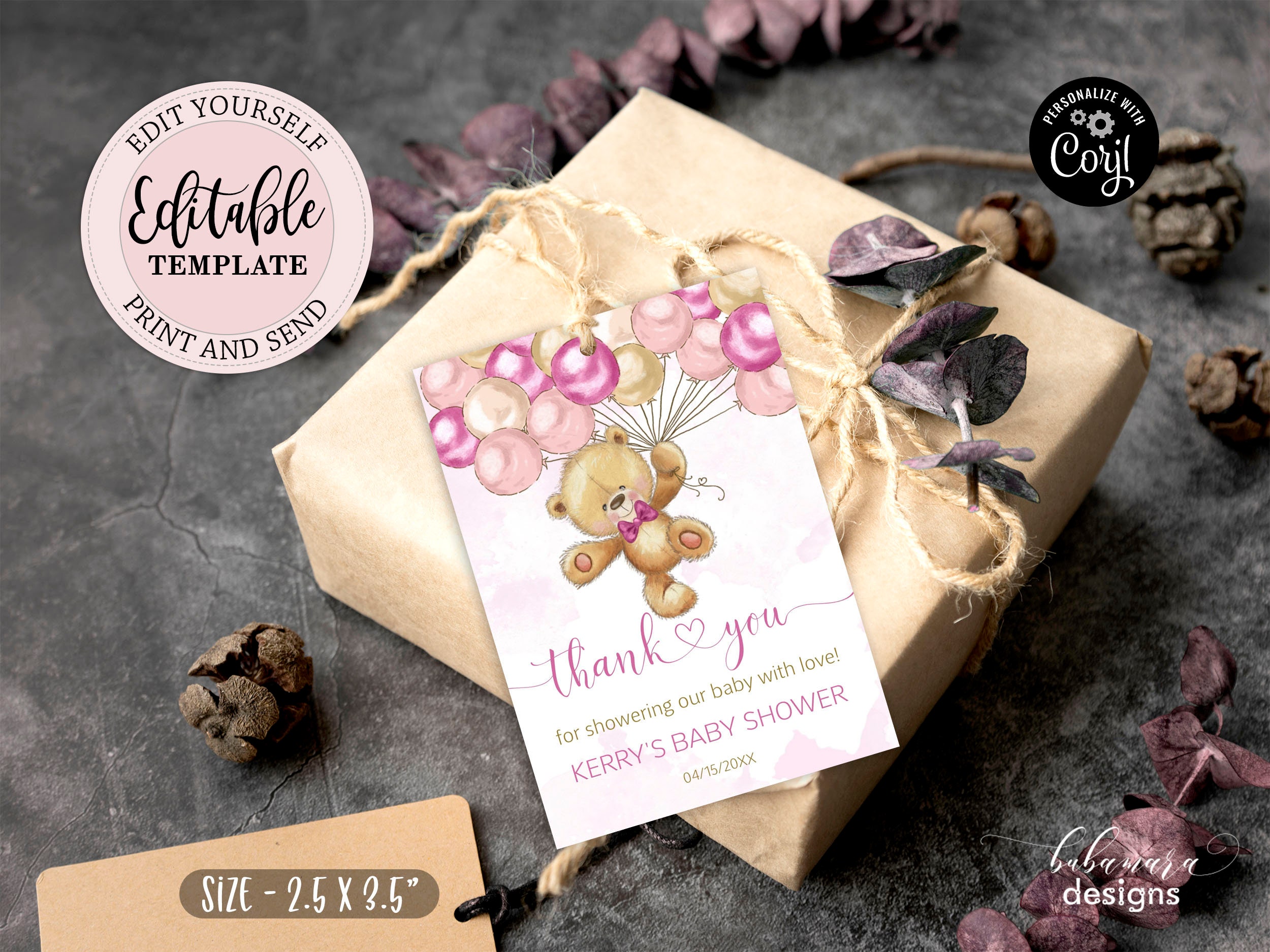 Editable Teddy Bear Gift Tag Template Girl Bear Pink Gold - Etsy
