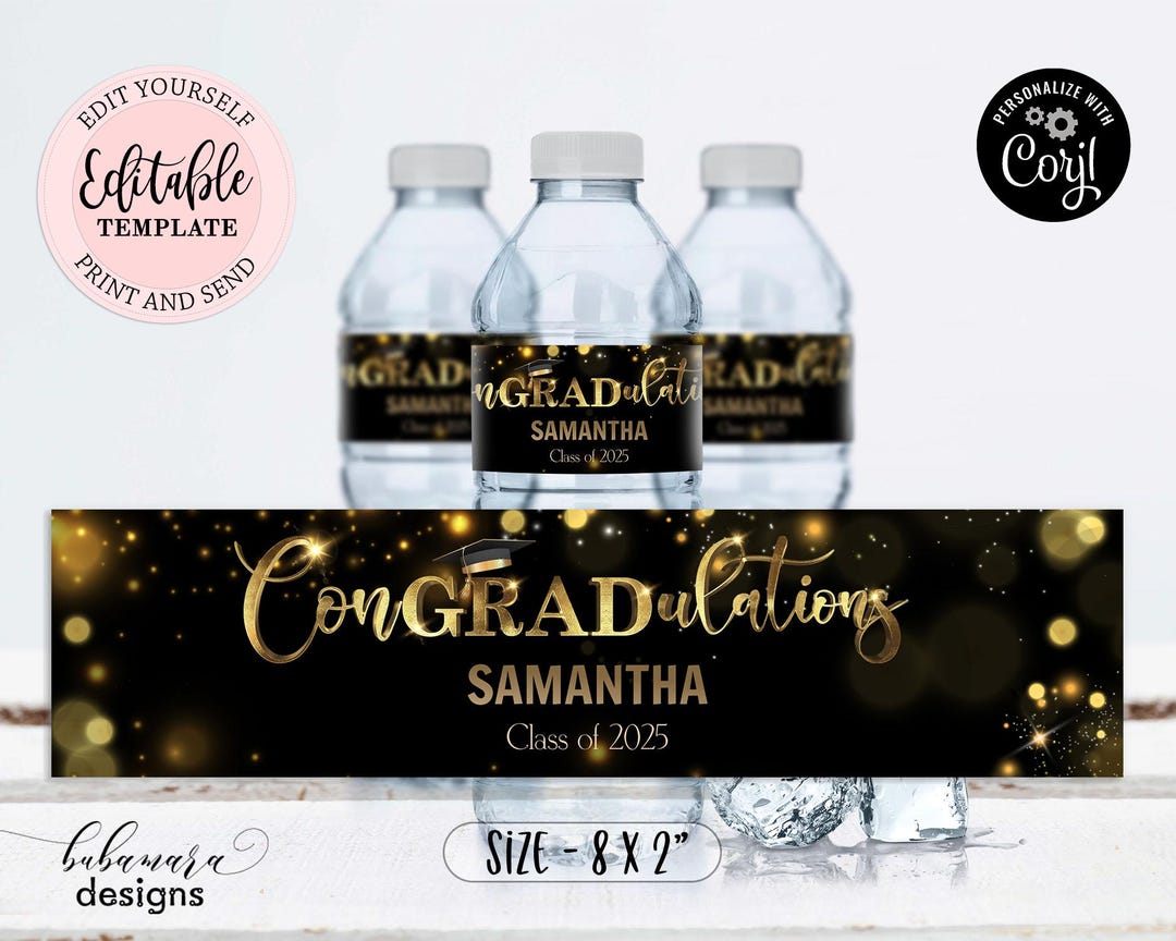 Editable Graduation Water Bottle Label, Black Gold Lights Water Bottle ...