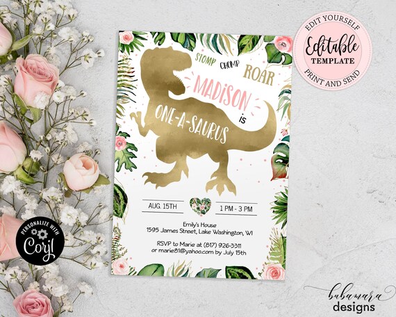 One A Saurus Invitation Girl, T-Rex Dinosaur Birthday Invitation, Gold ...