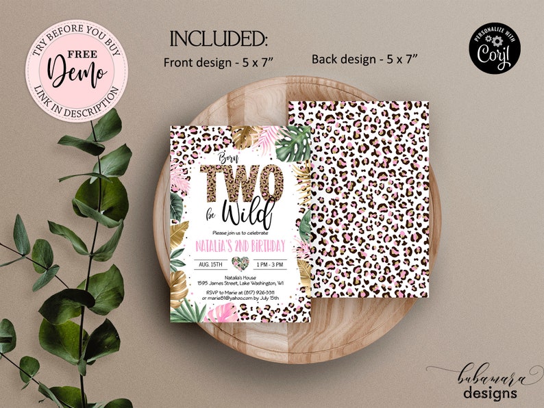 Editable Two Wild Leopard Print Invitation Girl, Jungle Birthday Party ...
