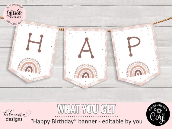 Editable Boho Rainbow Banner, Happy Birthday Rainbow Banner, Muted ...
