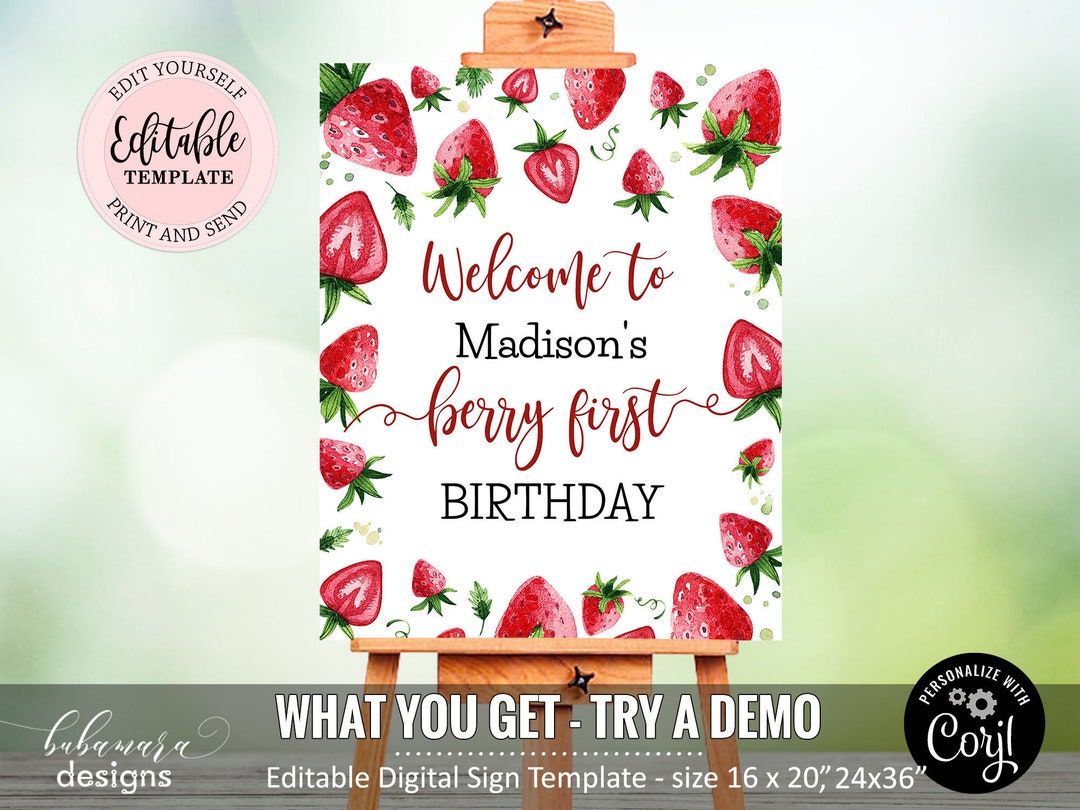 Editable Berry First Birthday Welcome Sign, Strawberry 1st Birthday ...