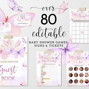 80 Editable Virtual Butterflies Baby Shower Games and Signs Bundle, A ...