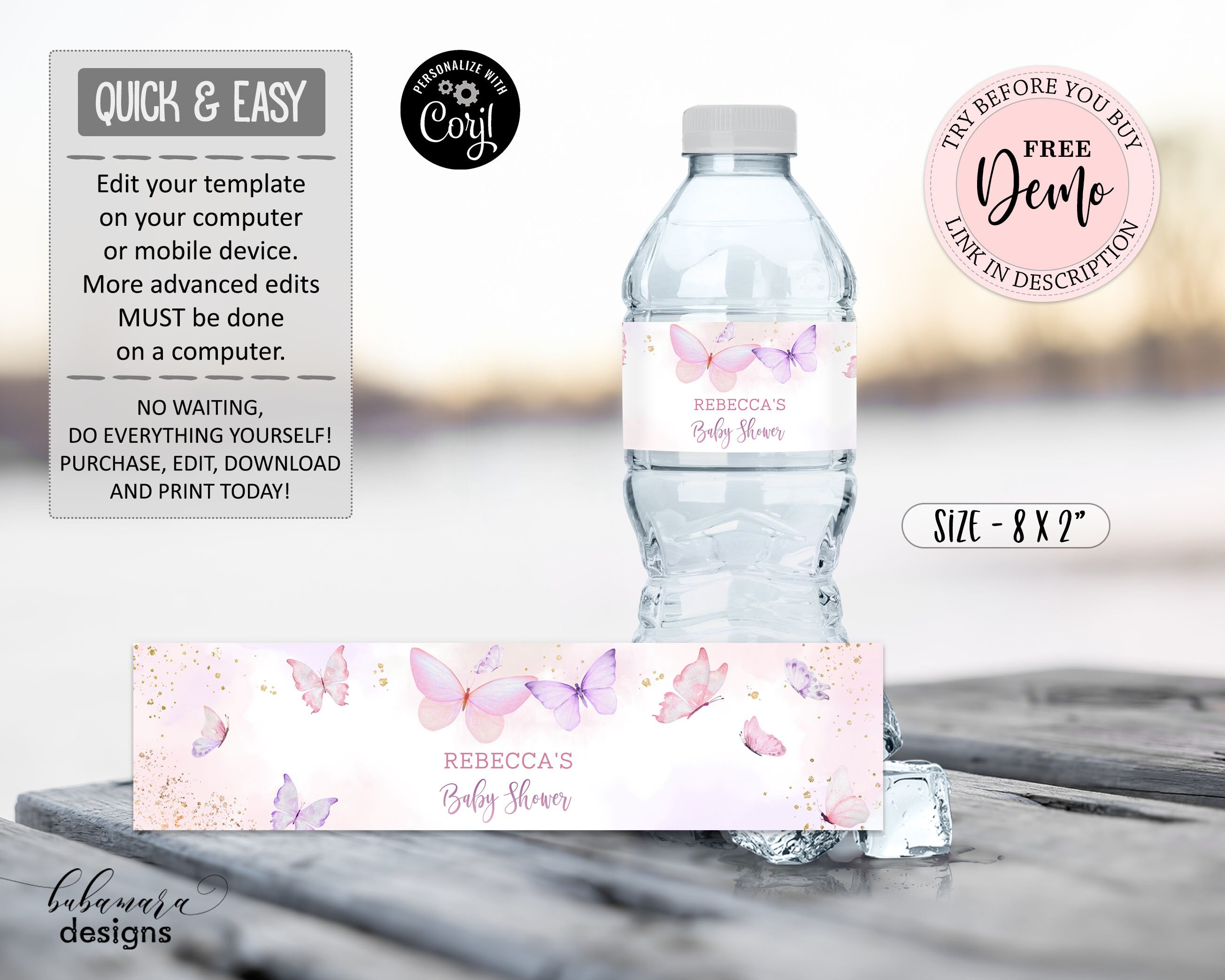 Editable Butterfly Water Bottle Label, Pink Purple Gold Butterflies ...