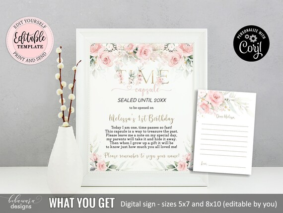 First Birthday Time Capsule Sign Note Card, Floral Onederful Time ...